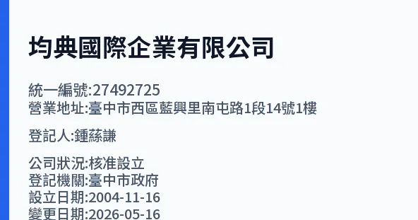 均典國際企業有限公司的照片-統編 27492725(臺中市) 公司登記資料與營業項目詳細圖表
