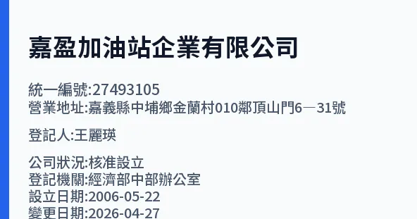 嘉盈加油站企業有限公司的照片-統編 27493105(嘉義縣) 公司登記資料與營業項目詳細圖表