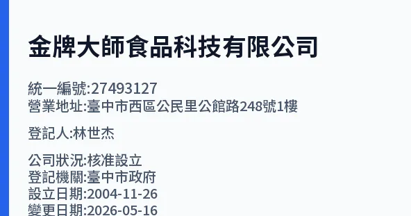 金牌大師食品科技有限公司的照片-統編 27493127(臺中市) 公司登記資料與營業項目詳細圖表