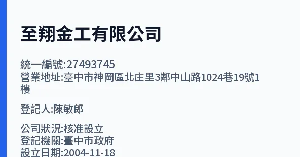 至翔金工有限公司的照片-統編 27493745(臺中市) 公司登記資料與營業項目詳細圖表