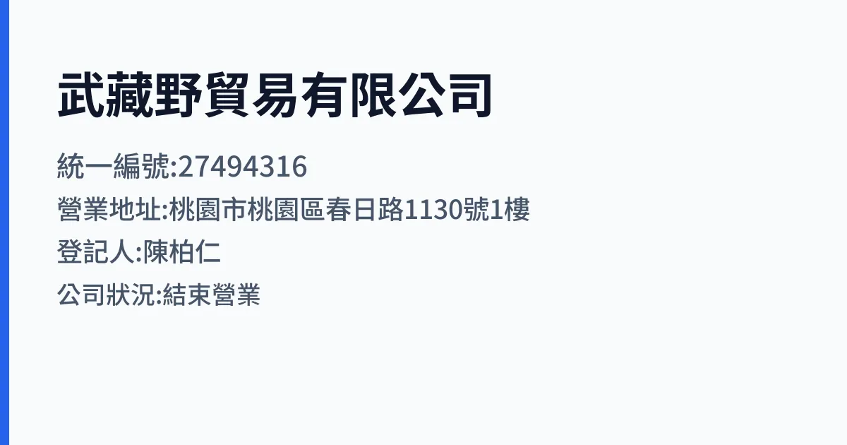 武藏野貿易有限公司 - 統編 27494316（桃園市） 公司登記資料與營業項目詳細圖表