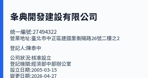 夆典開發建設有限公司的照片-統編 27494322(臺北市) 公司登記資料與營業項目詳細圖表