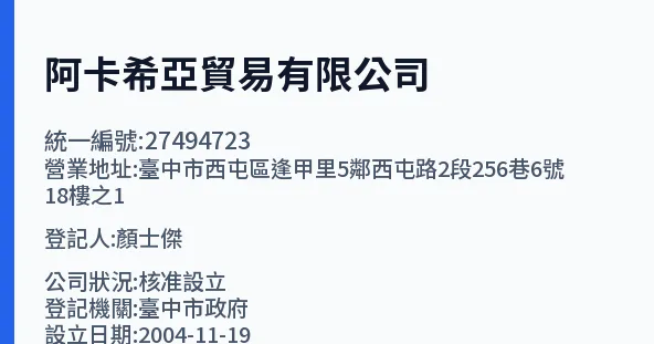 阿卡希亞貿易有限公司的照片-統編 27494723(臺中市) 公司登記資料與營業項目詳細圖表