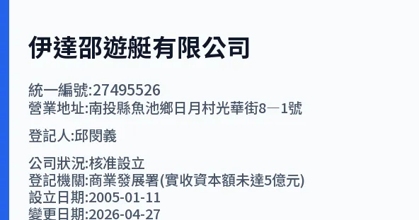 伊達邵遊艇有限公司的照片-統編 27495526(南投縣) 公司登記資料與營業項目詳細圖表