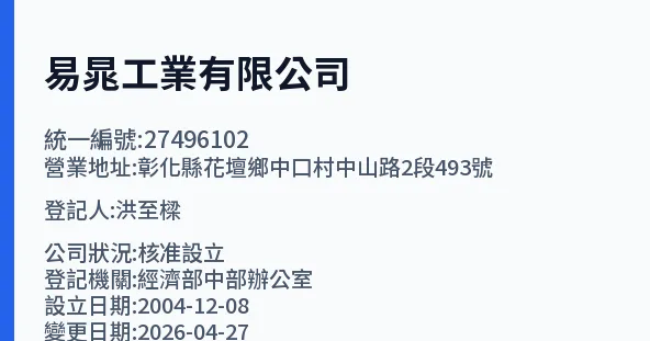 易晁工業有限公司的照片-統編 27496102(彰化縣) 公司登記資料與營業項目詳細圖表