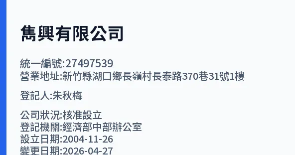 雋興有限公司的照片-統編 27497539(新竹縣) 公司登記資料與營業項目詳細圖表