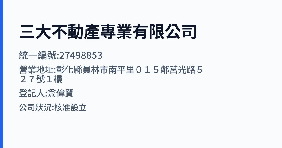 三大不動產專業有限公司 - 統編 27498853(彰化縣) 公司登記資料與營業項目詳細圖表