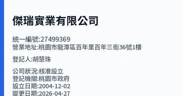傑瑞實業有限公司的照片-統編 27499369(桃園市) 公司登記資料與營業項目詳細圖表