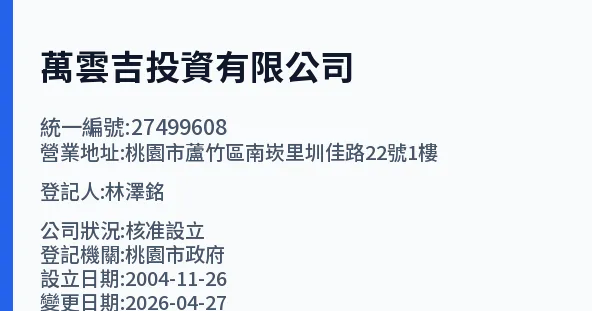 萬雲吉投資有限公司的照片-統編 27499608(桃園市) 公司登記資料與營業項目詳細圖表