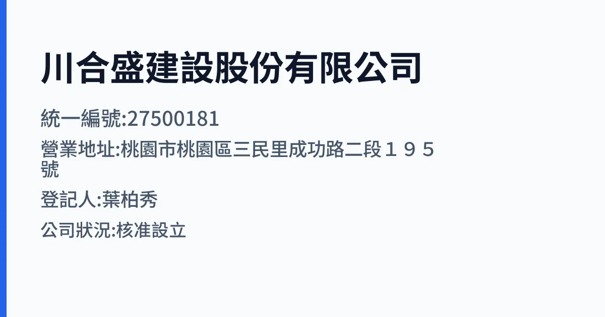 川合盛建設股份有限公司 - 統編 27500181(桃園市) 公司登記資料與營業項目詳細圖表
