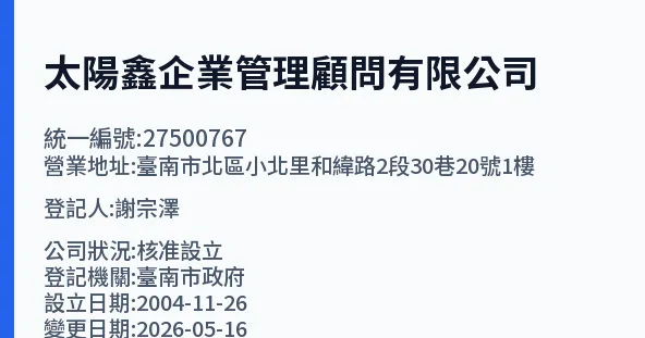 太陽鑫企業管理顧問有限公司的照片-統編 27500767(臺南市) 公司登記資料與營業項目詳細圖表