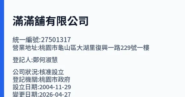 滿滿舖有限公司的照片-統編 27501317(桃園市) 公司登記資料與營業項目詳細圖表