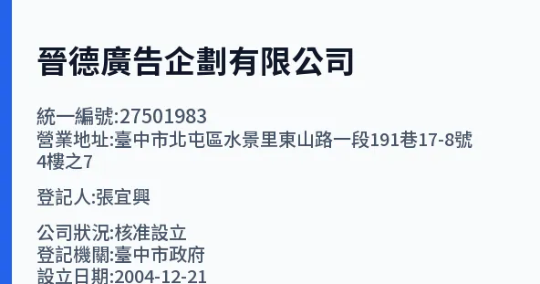 晉德廣告企劃有限公司的照片-統編 27501983(臺中市) 公司登記資料與營業項目詳細圖表