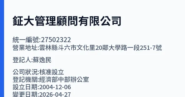 鉦大管理顧問有限公司的照片-統編 27502322(雲林縣) 公司登記資料與營業項目詳細圖表