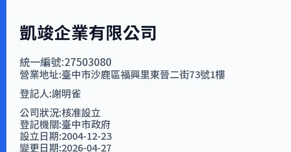 凱竣企業有限公司的照片-統編 27503080(臺中市) 公司登記資料與營業項目詳細圖表