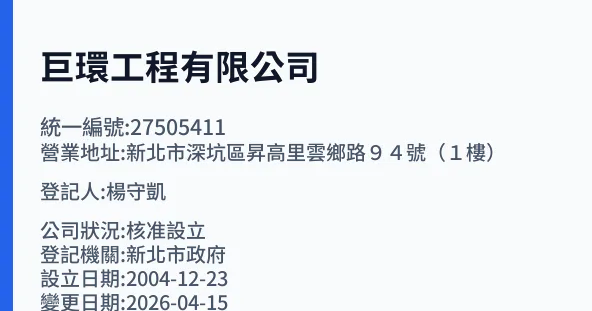 巨環工程有限公司的照片-統編 27505411(新北市) 公司登記資料與營業項目詳細圖表