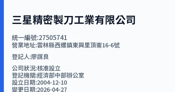 三星精密製刀工業有限公司的照片-統編 27505741(雲林縣) 公司登記資料與營業項目詳細圖表