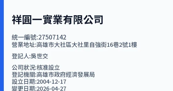 祥圓一實業有限公司的照片-統編 27507142(高雄市) 公司登記資料與營業項目詳細圖表