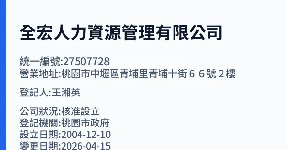全宏人力資源管理有限公司的照片-統編 27507728(桃園市) 公司登記資料與營業項目詳細圖表