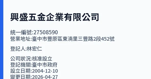 興盛五金企業有限公司的照片-統編 27508590(臺中市) 公司登記資料與營業項目詳細圖表