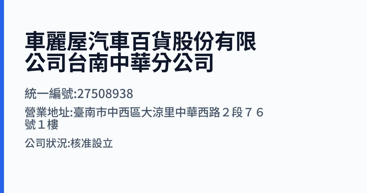 車麗屋汽車百貨股份有限公司台南中華分公司 - 統編 27508938(臺南市) 公司登記資料與營業項目詳細圖表