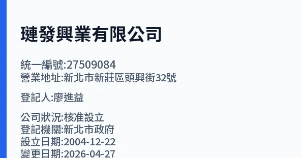 璉發興業有限公司的照片-統編 27509084(新北市) 公司登記資料與營業項目詳細圖表