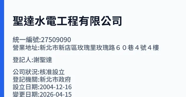 聖達水電工程有限公司的照片-統編 27509090(新北市) 公司登記資料與營業項目詳細圖表