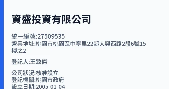 資盛投資有限公司的照片-統編 27509535(桃園市) 公司登記資料與營業項目詳細圖表