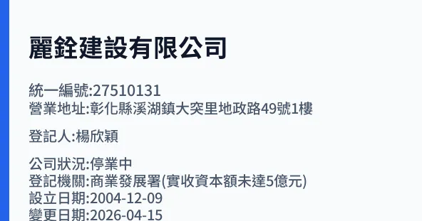 麗銓建設有限公司的照片-統編 27510131(彰化縣) 公司登記資料與營業項目詳細圖表
