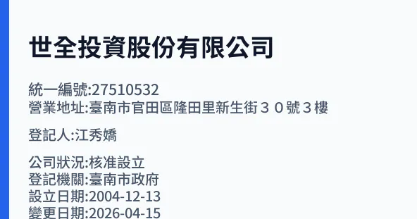 世全投資股份有限公司的照片-統編 27510532(臺南市) 公司登記資料與營業項目詳細圖表