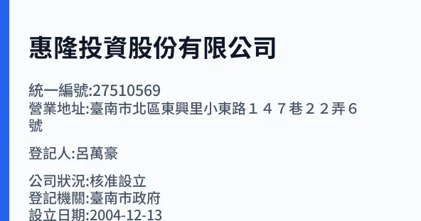 惠隆投資股份有限公司的照片-統編 27510569(臺南市) 公司登記資料與營業項目詳細圖表
