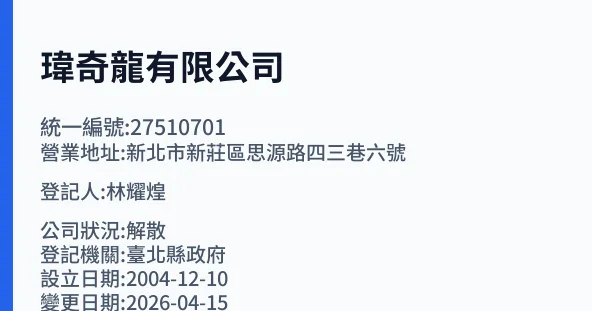 瑋奇龍有限公司的照片-統編 27510701(新北市) 公司登記資料與營業項目詳細圖表