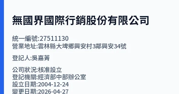 無國界國際行銷股份有限公司的照片-統編 27511130(雲林縣) 公司登記資料與營業項目詳細圖表