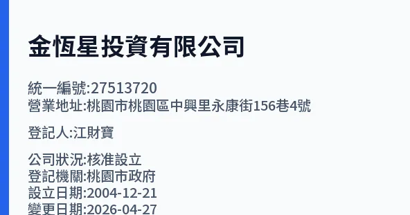 金恆星投資有限公司的照片-統編 27513720(桃園市) 公司登記資料與營業項目詳細圖表