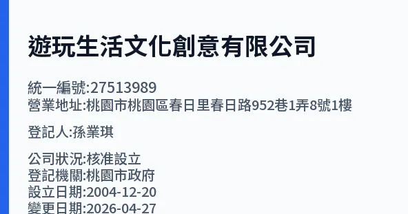 遊玩生活文化創意有限公司的照片-統編 27513989(桃園市) 公司登記資料與營業項目詳細圖表