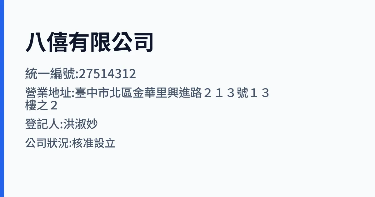 八僖有限公司 - 統編 27514312(臺中市) 公司登記資料與營業項目詳細圖表