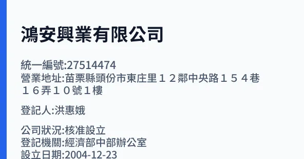 鴻安興業有限公司的照片-統編 27514474(苗栗縣) 公司登記資料與營業項目詳細圖表