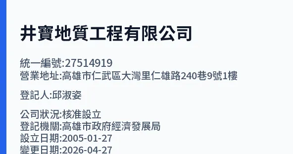 井寶地質工程有限公司的照片-統編 27514919(高雄市) 公司登記資料與營業項目詳細圖表