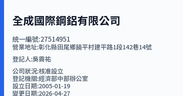 全成國際鋼鋁有限公司的照片-統編 27514951(彰化縣) 公司登記資料與營業項目詳細圖表