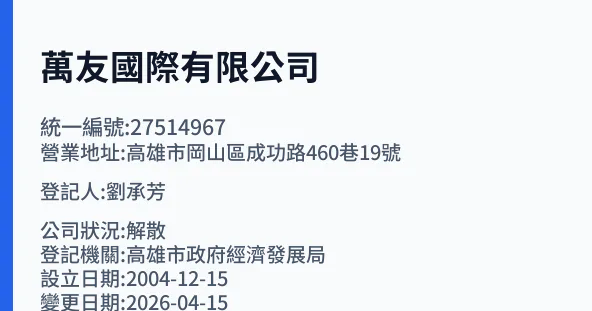 萬友國際有限公司的照片-統編 27514967(高雄市) 公司登記資料與營業項目詳細圖表