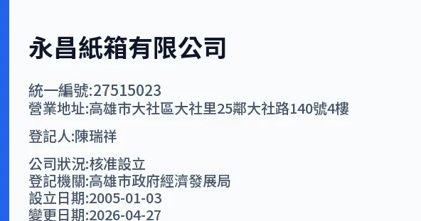 永昌紙箱有限公司的照片-統編 27515023(高雄市) 公司登記資料與營業項目詳細圖表