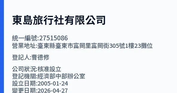 東島旅行社有限公司的照片-統編 27515086(臺東縣) 公司登記資料與營業項目詳細圖表