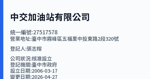 中交加油站有限公司的照片-統編 27517578(臺中市) 公司登記資料與營業項目詳細圖表