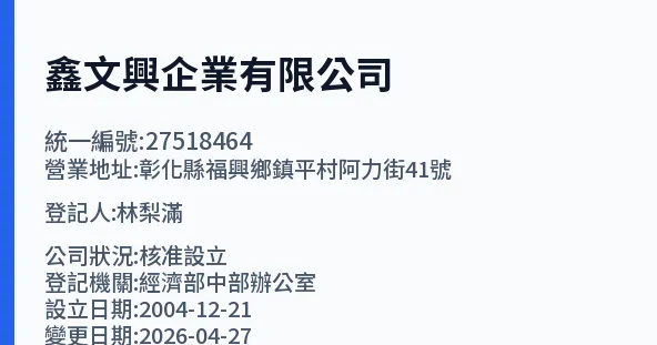 鑫文興企業有限公司的照片-統編 27518464(彰化縣) 公司登記資料與營業項目詳細圖表