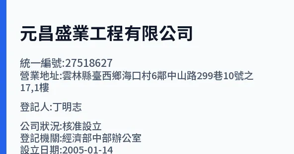 元昌盛業工程有限公司的照片-統編 27518627(雲林縣) 公司登記資料與營業項目詳細圖表