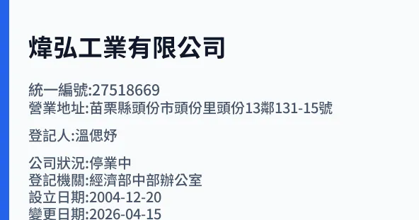 煒弘工業有限公司的照片-統編 27518669(苗栗縣) 公司登記資料與營業項目詳細圖表