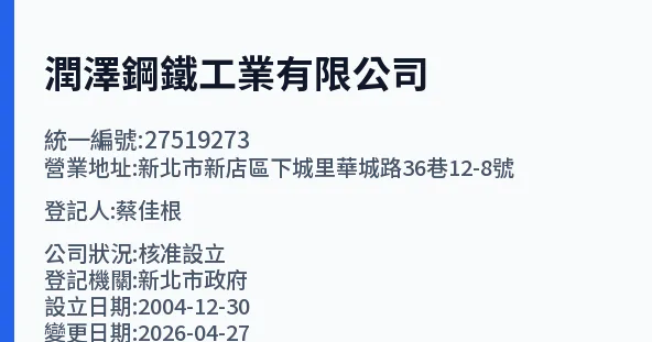 潤澤鋼鐵工業有限公司的照片-統編 27519273(新北市) 公司登記資料與營業項目詳細圖表