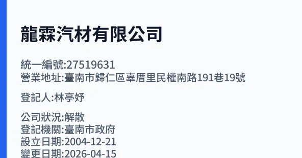 龍霖汽材有限公司的照片-統編 27519631(臺南市) 公司登記資料與營業項目詳細圖表