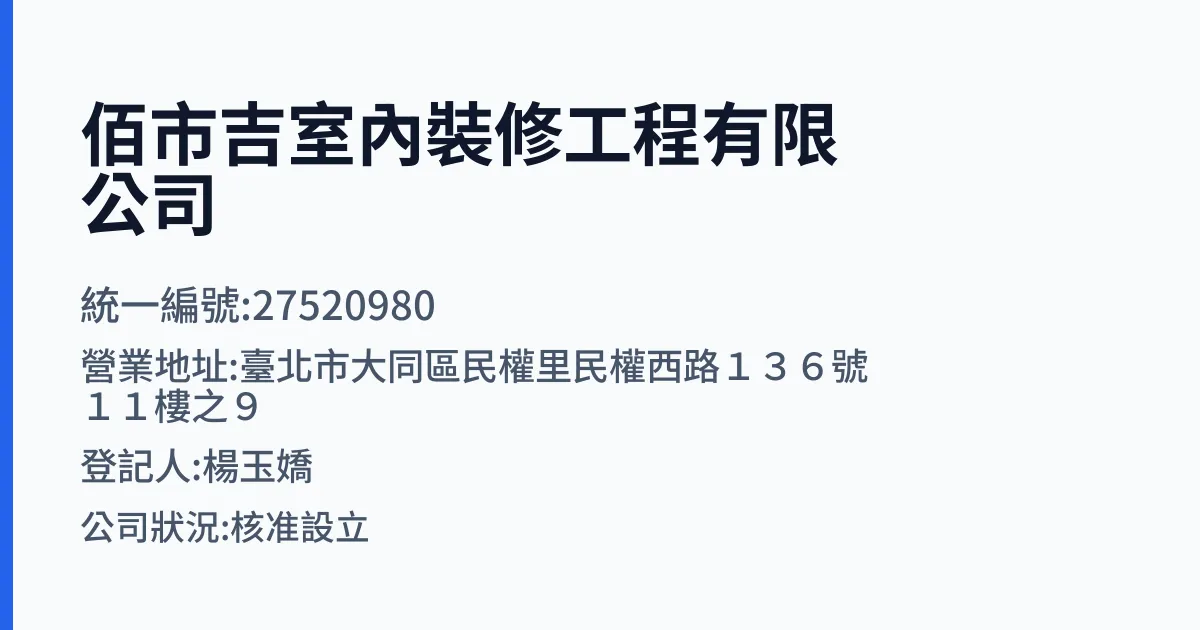 佰市吉室內裝修工程有限公司 - 統編 27520980(臺北市) 公司登記資料與營業項目詳細圖表