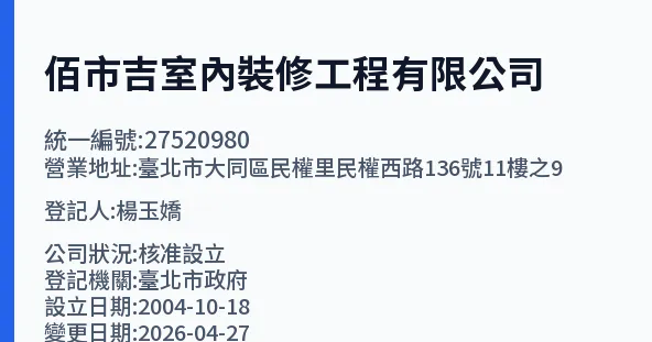佰市吉室內裝修工程有限公司的照片-統編 27520980(臺北市) 公司登記資料與營業項目詳細圖表